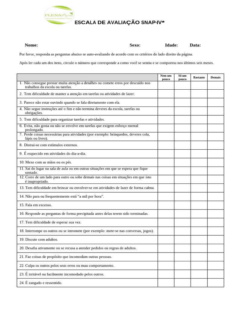 escala-snap-IV | PDF | Transtorno de déficit de atenção e ...