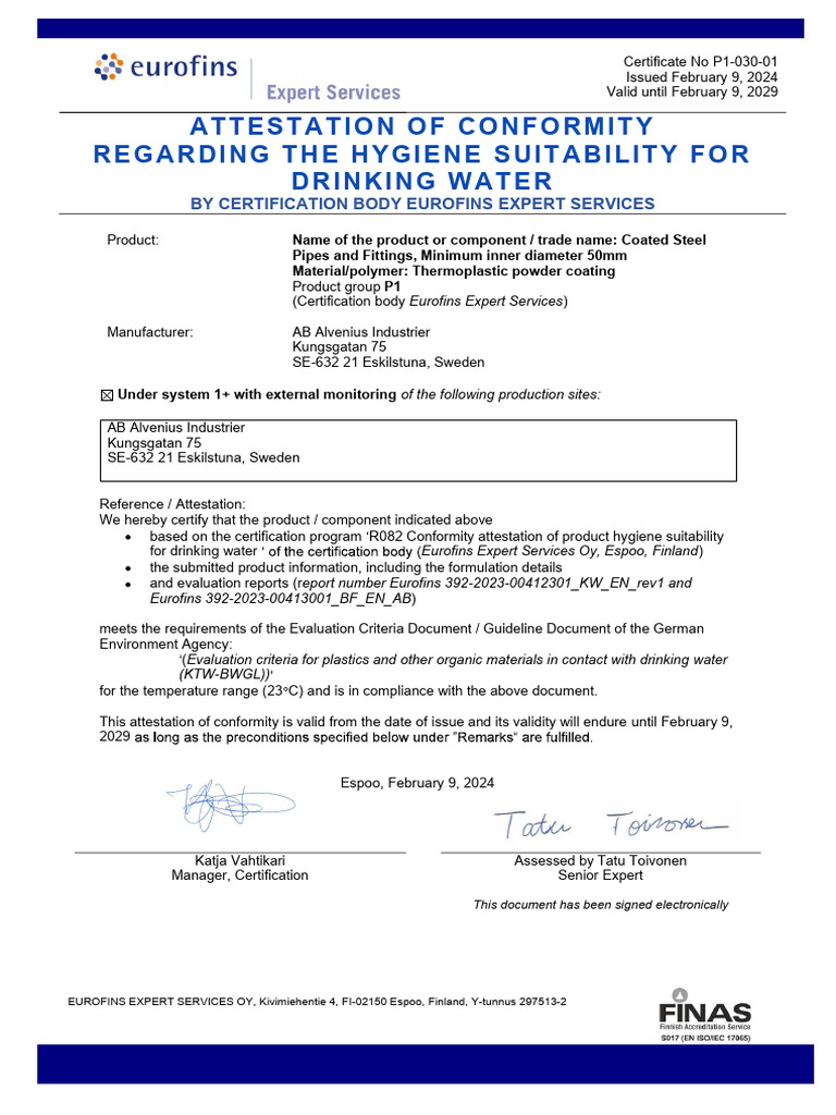 Attestation of Conformity Drinking Water | PDF | Certification | Materials