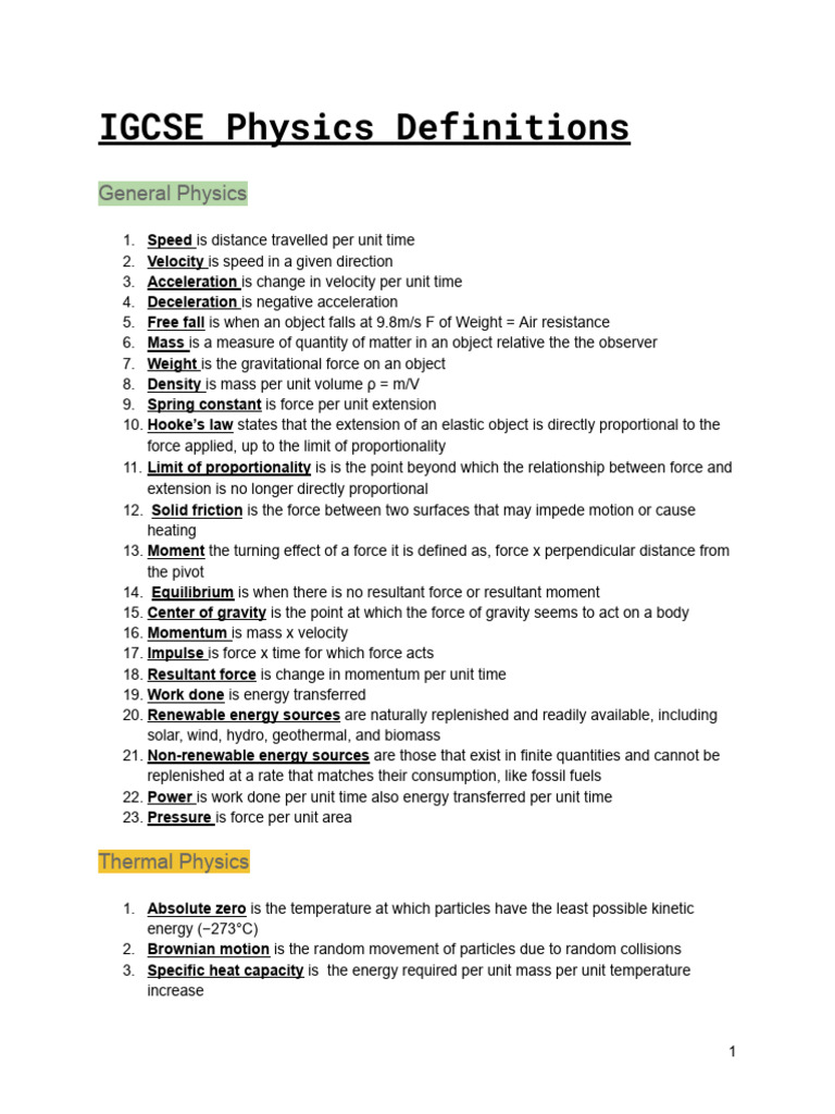 IGCSE Physics Definitions | PDF | Force | Waves