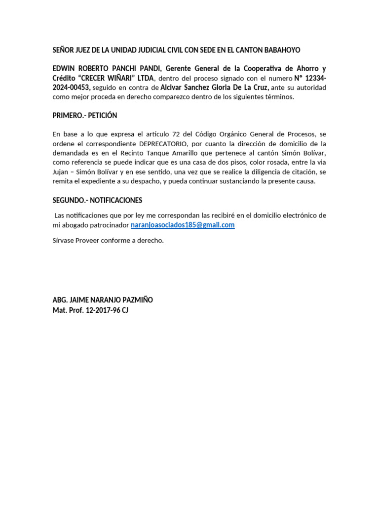 Señor Juez de La Unidad Judicial Civil Con Sede en El Canton Babahoyo | PDF
