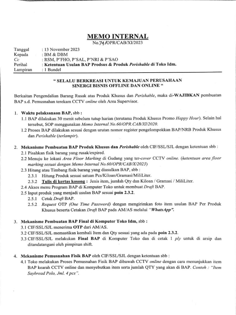 Memo Int No 74 Ketentuan Usulan BAP Prodsus & Perishable Di Toko | PDF