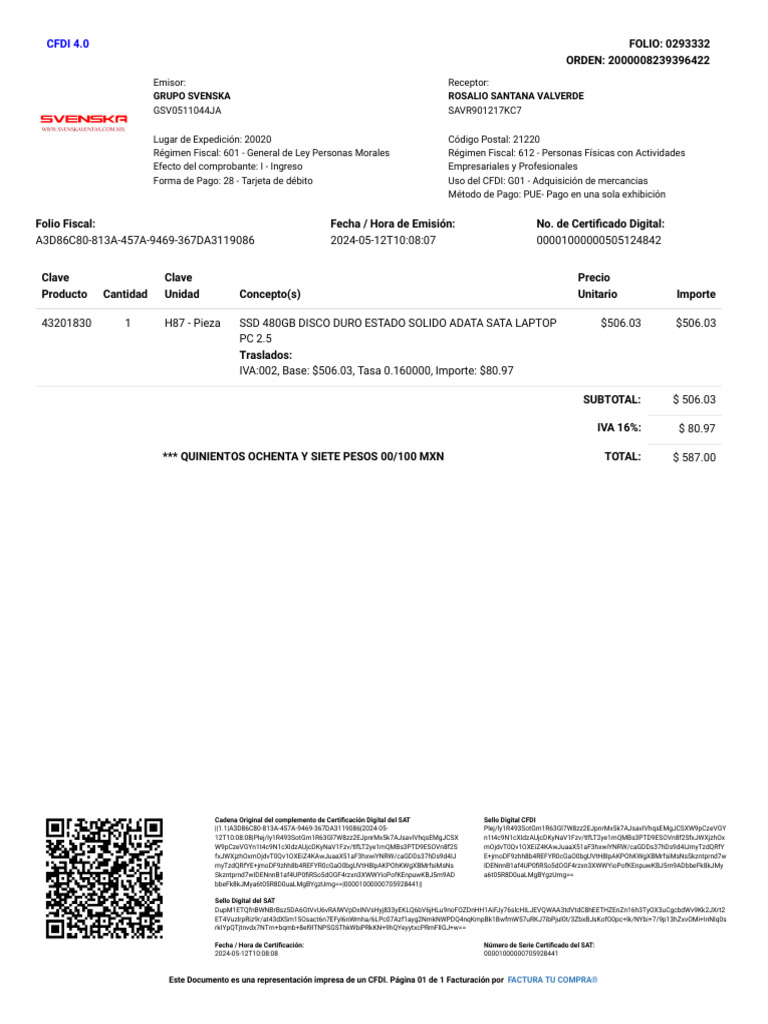 CFDI Compra SSD 480GB ADATA | PDF | Pagos