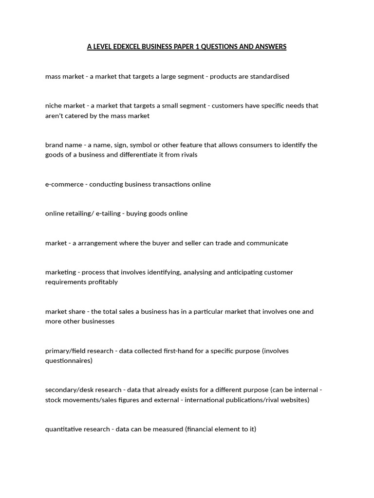 A Level Edexcel Business Paper 1 Questions and Answers | PDF | Demand ...