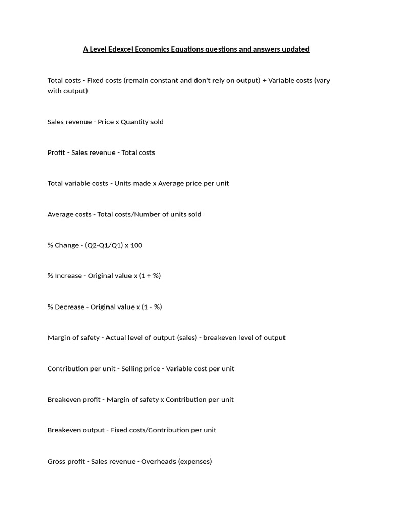 A Level Edexcel Economics Equations Questions and Answers Updated | PDF