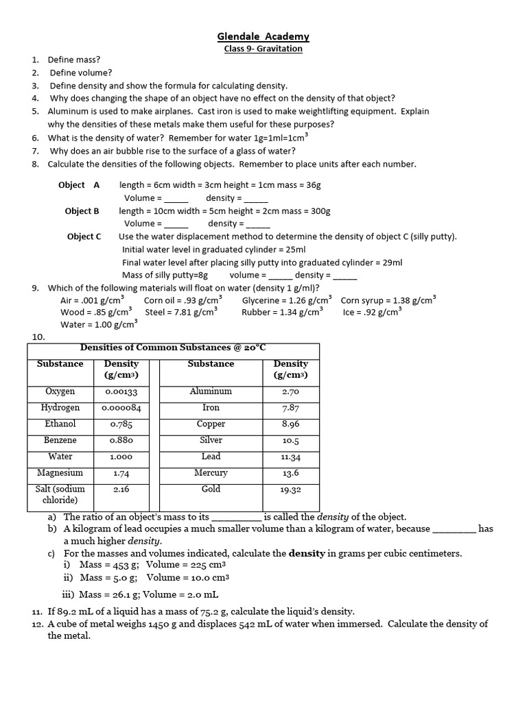 Density Concepts for Grade 9 Students | PDF | Density | Volume