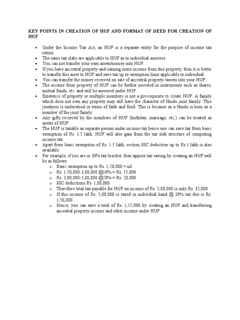 Key Points in Creation of Huf and Format of Deed for Creation of Huf ...