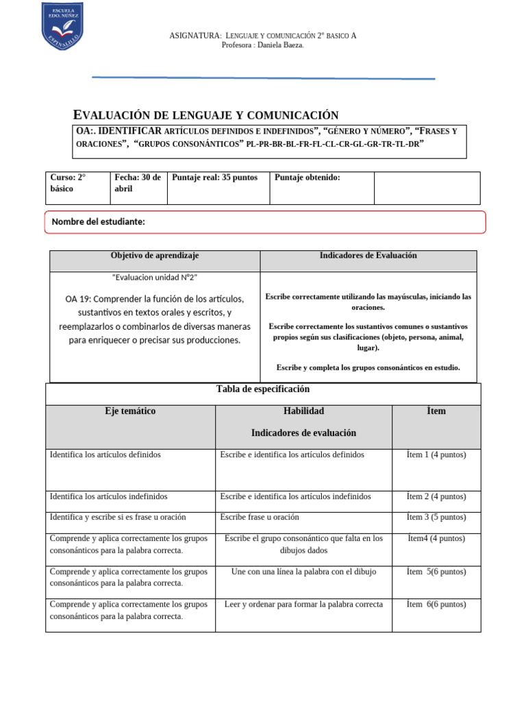 Prueba Segundo Lenguaje. | PDF | Comunicación | Palabra