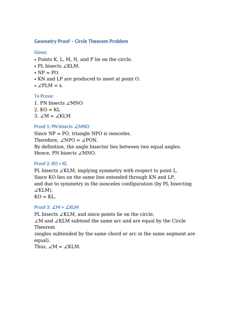 Geometry Proof Circle Theorem | PDF