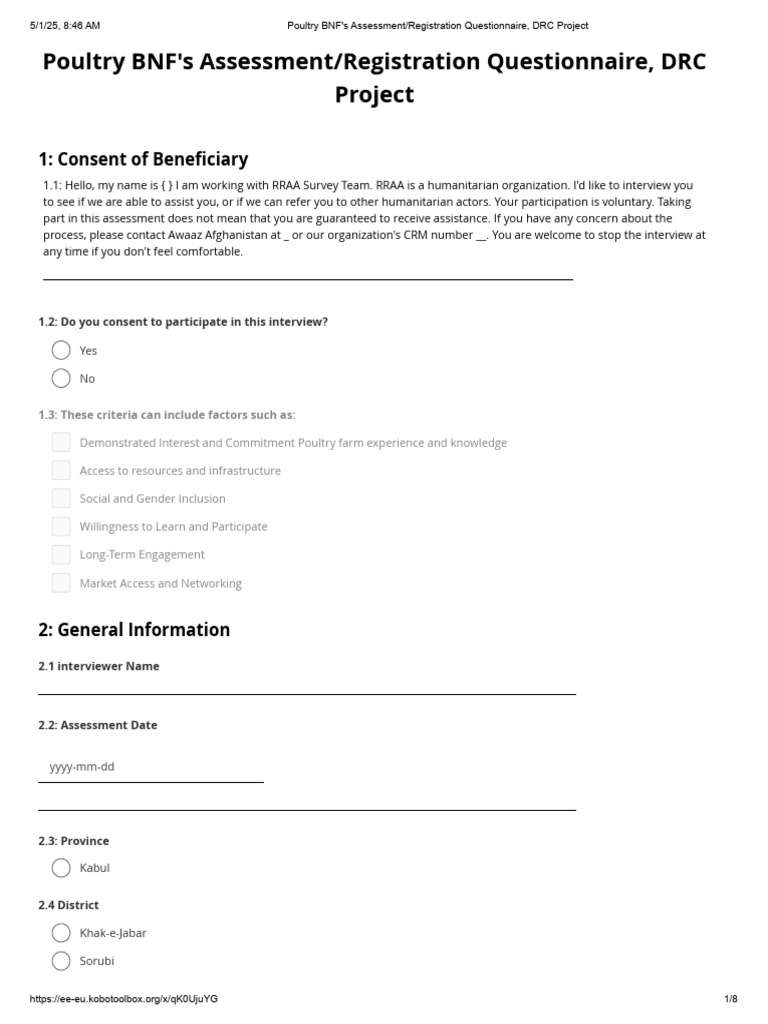 Poultry BNF's Assessment - Registration Questionnaire, DRC Project | PDF | Agriculture | Economies