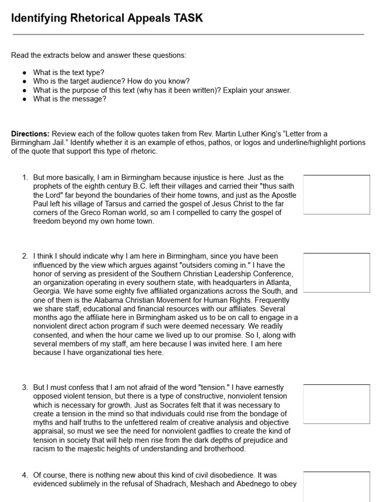 IDENTIFYING Rhetorical Appeals in MLKs Letter From A Birmingham Jail ...