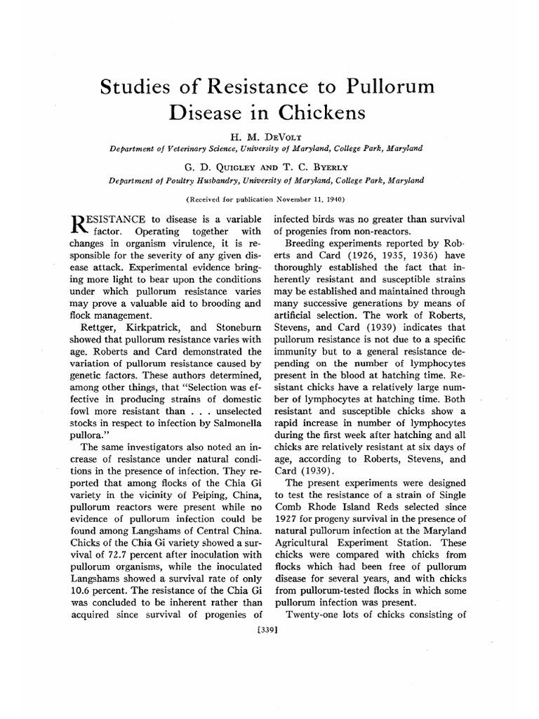 Studies of Resistance To Pullorum Disease in Chickens - 1941 - Poultry ...
