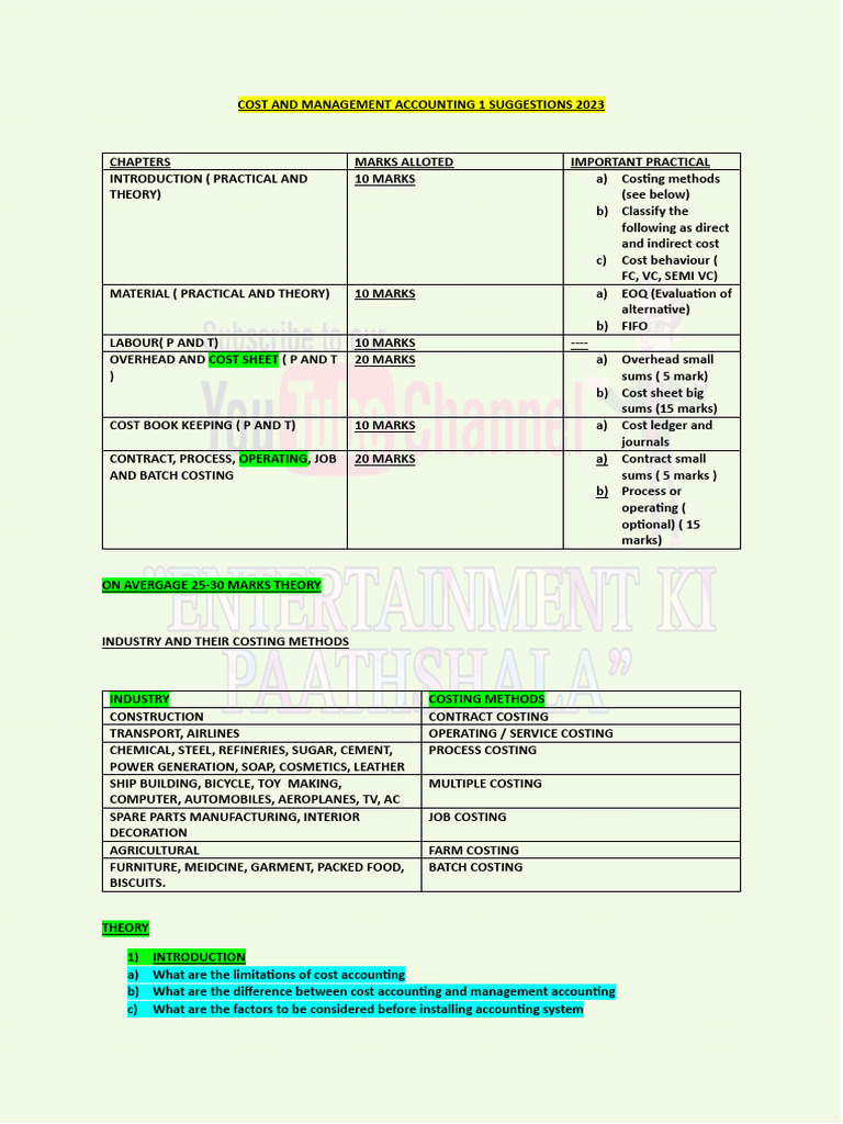 Cost and Management Accounting Suggetions 2023 | PDF | Cost Of Goods ...