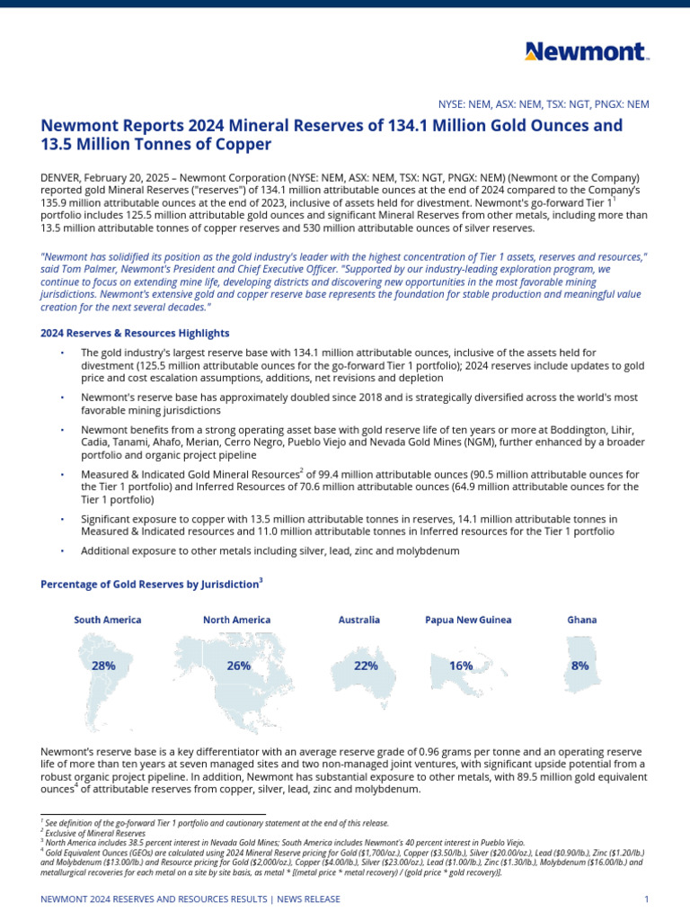 Newmont 2024 Reserves Release | PDF | Gold | Ore