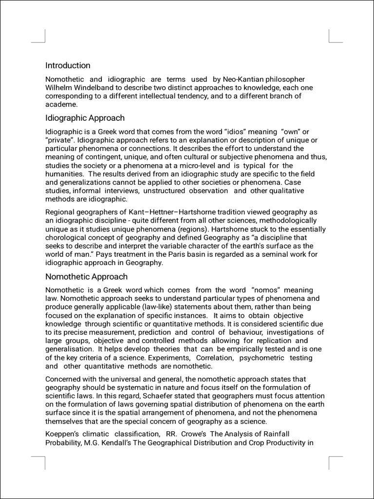 Idiographic Vs Nomothetic | PDF | Geography | Science