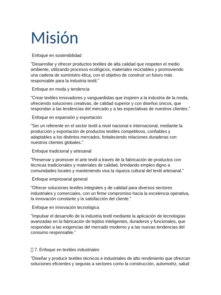 Misión | PDF | Textiles | Calidad (comercial)