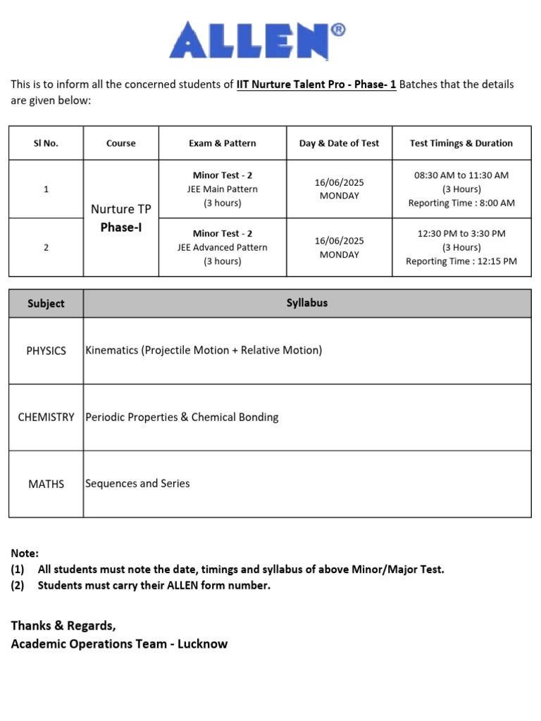 JEE_Nurture TP_Phase-1_Minor Test-02 | PDF