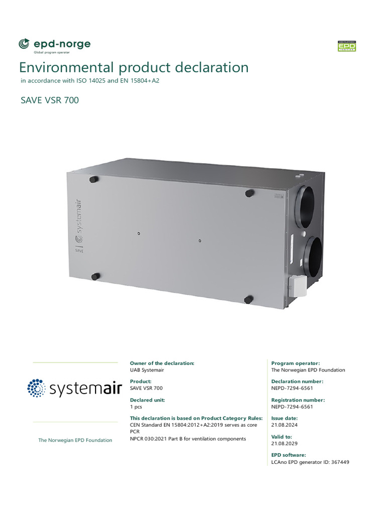 Epd 367449 Systemair Save VSR 700 | PDF | Waste | Plastic