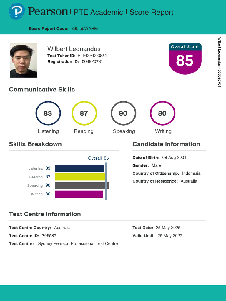 PTE Academic Score Report Sample | PDF