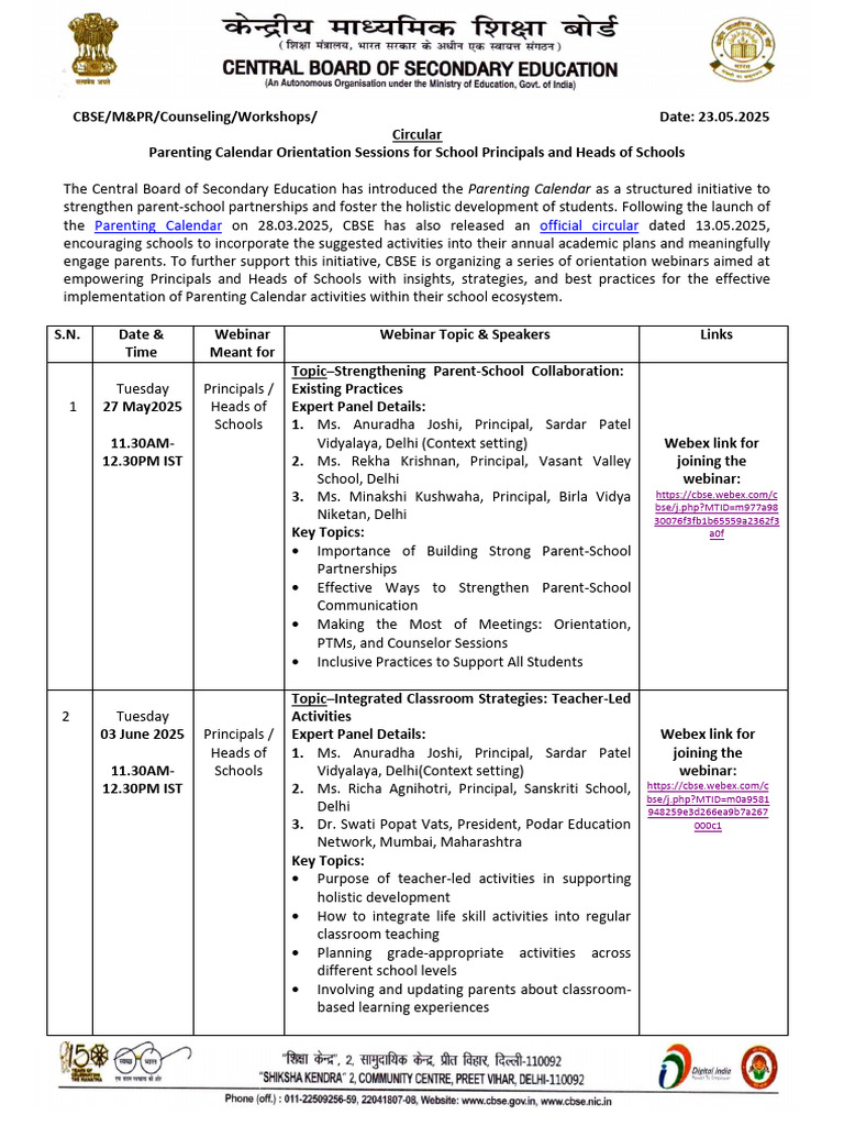 CBSE Parenting Calendar Webinars 2025 | PDF | Schools | Secondary Education
