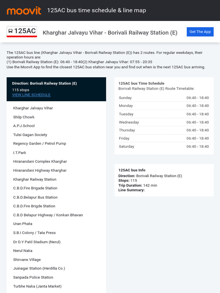 NMMT - 125 Ac Bus - Route and Time Table | PDF | Public Services | Public Transport