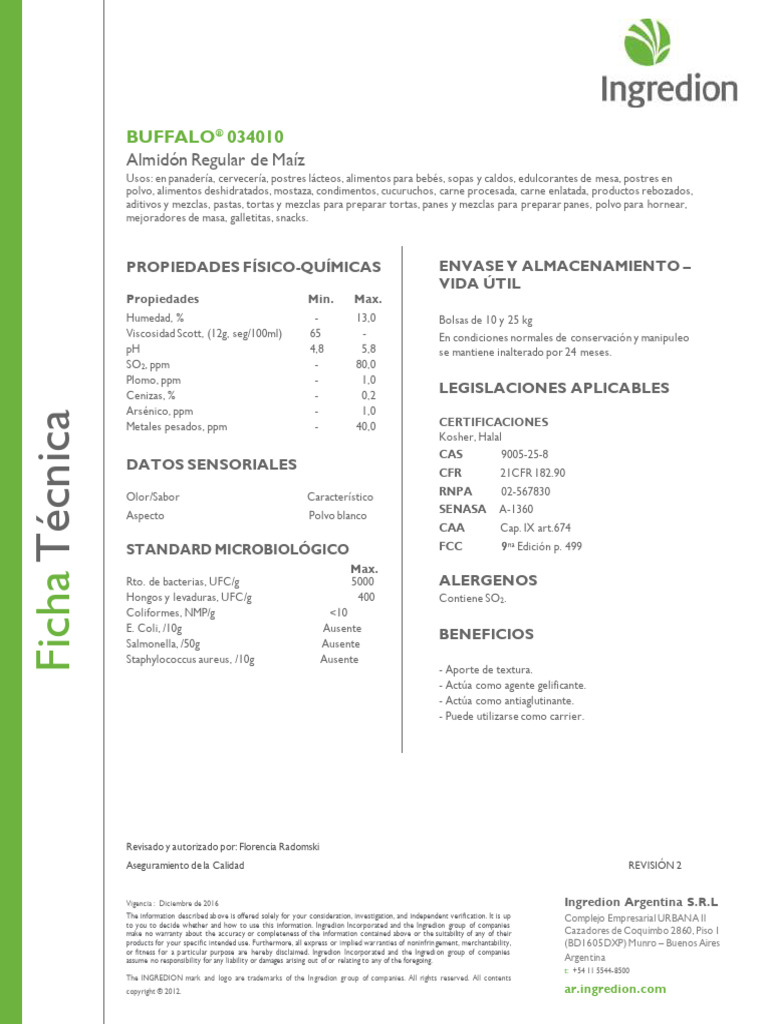 Almidón de Maíz Buffalo® 034010 | PDF | Ciencia de los Alimentos ...