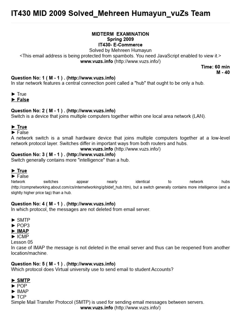 IT430 MID 2009 Solved - Mehreen Humayun - Vuzs Team | PDF | Computer Network | Internet