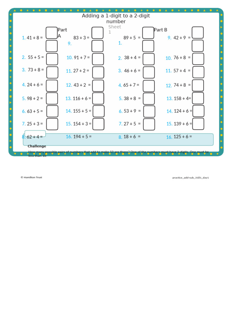 Adding A 1-Digit To A 2-Digit Number: Sheet 1 | PDF
