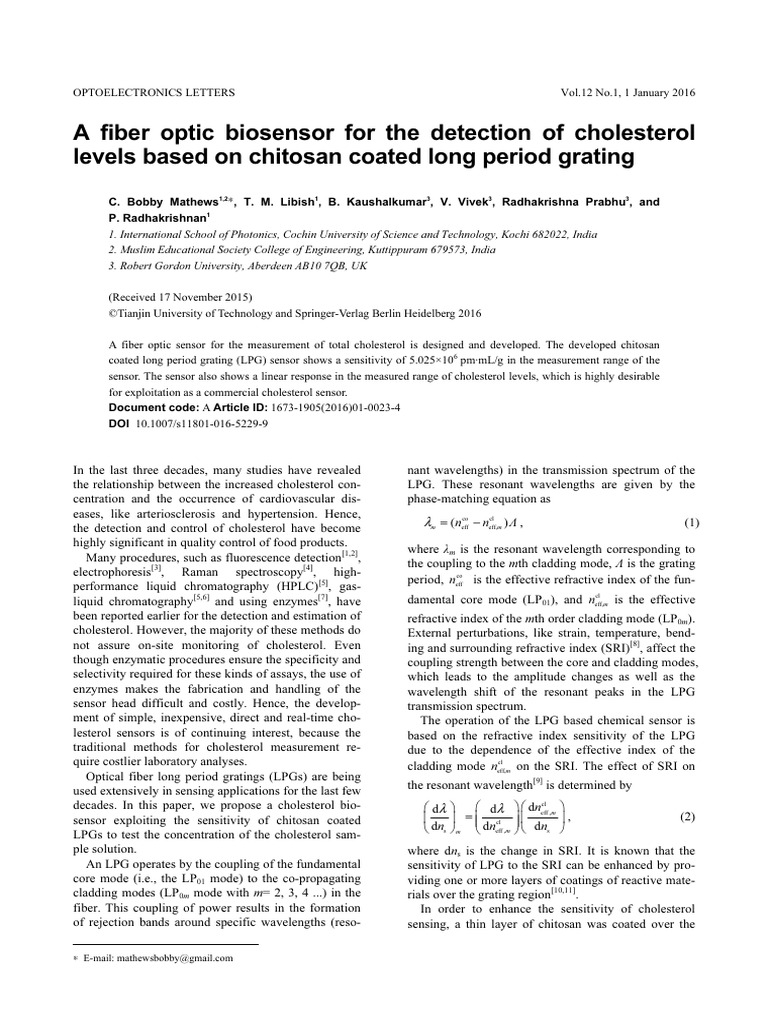 A Fiber Optic Biosensor For The Detection of Cholesterol | PDF | Optical Fiber | Refractive Index