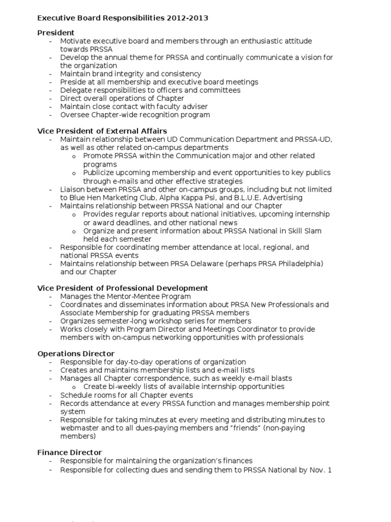 Executive Board Roles 2012-2013 | PDF | Board Of Directors | Public ...