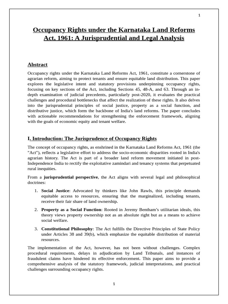 Occupancy Rights Under The Karnataka Land Reforms Act | PDF | Leasehold ...