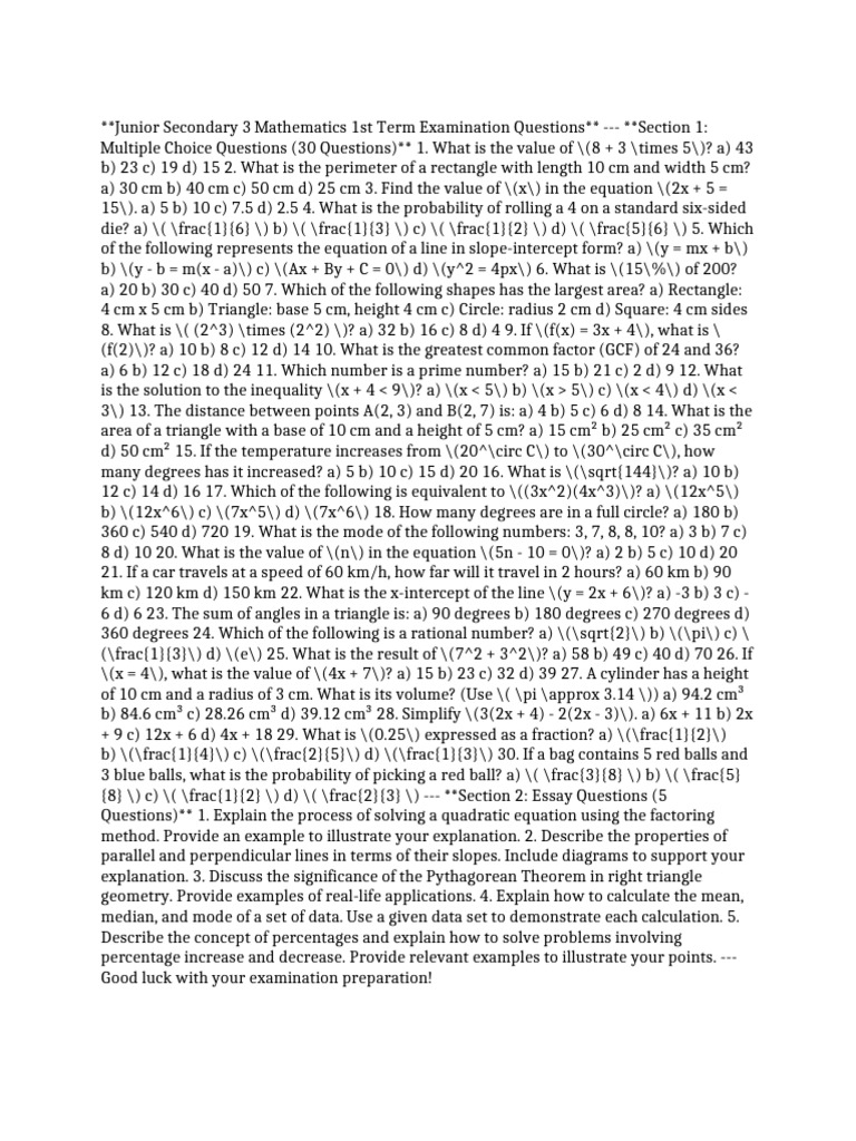 Lesson Plan For Mathematics Junior Secondary 3 Title 1st Term ...