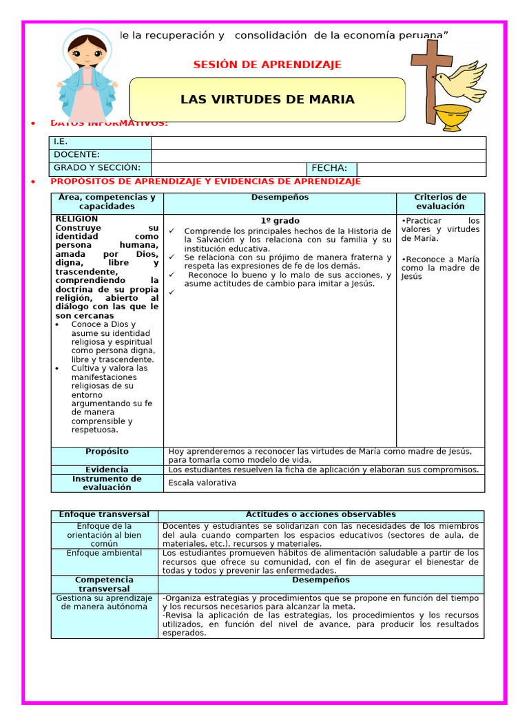 1° S3 SESION D2 RELIGION LAS VIRTUDES DE MARIA | PDF | María, madre de Jesús | Aprendizaje