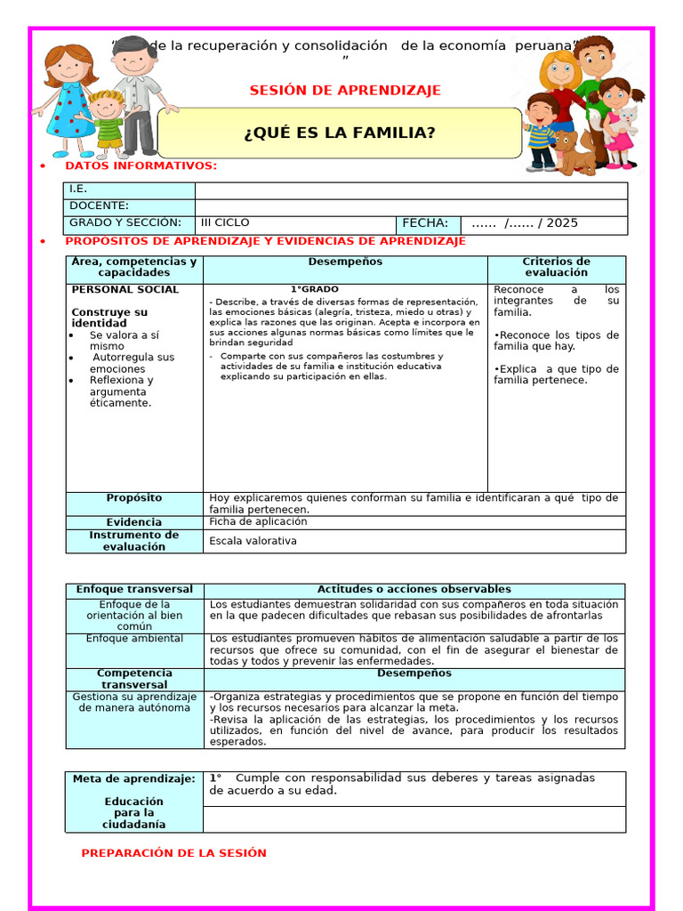 1°s3 Sesion D1 PS Qué Es La Fami | PDF | Evaluación | Aprendizaje