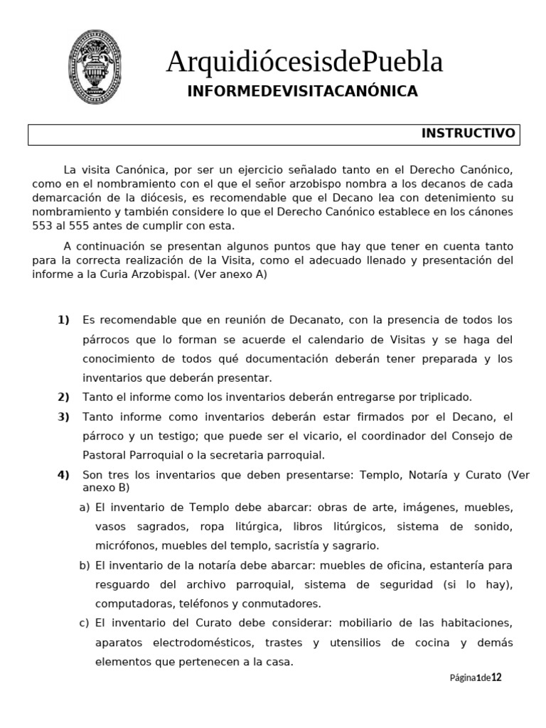 Guía para la Visita Canónica en Puebla | PDF