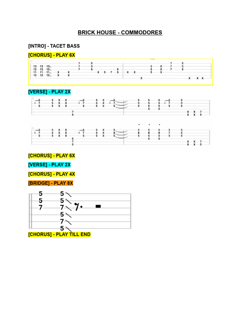 Brick House Chords and Lyrics Guide | PDF