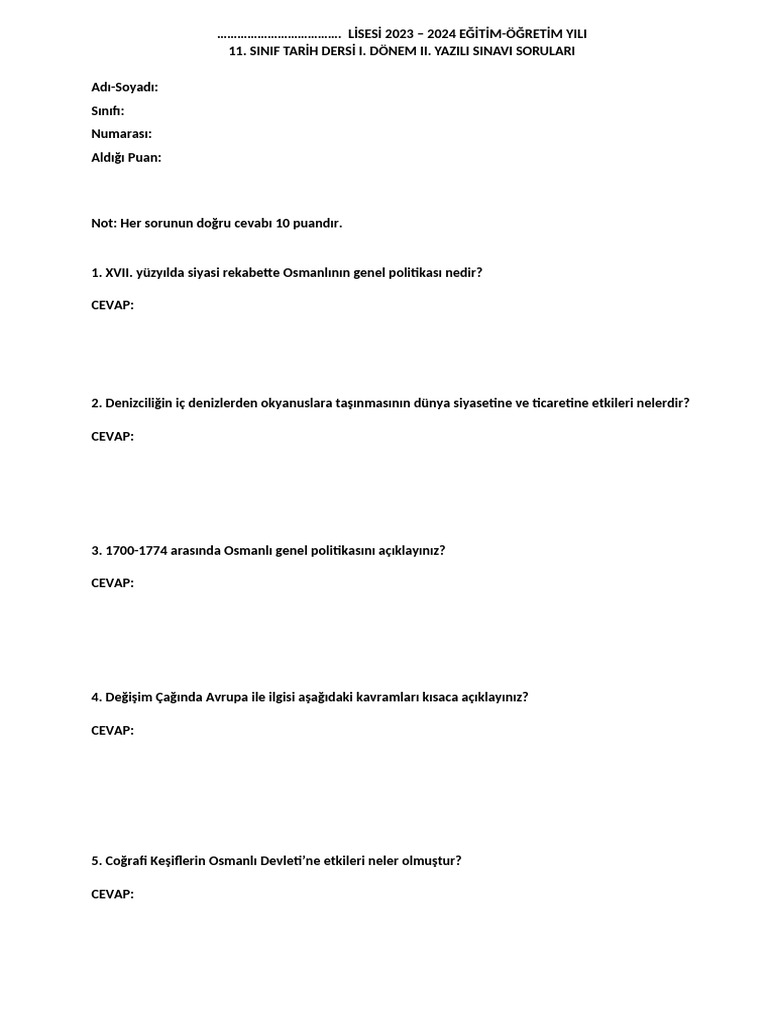 Sinif Tari̇h I.dönm Ii - Yazli Sorulari Klasi̇k | PDF