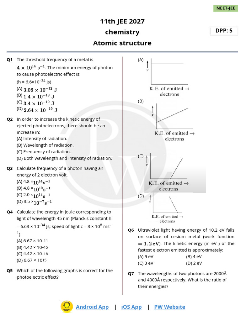 Structure of Atoms - DPP 05 | PDF | Photoelectric Effect | Electronvolt