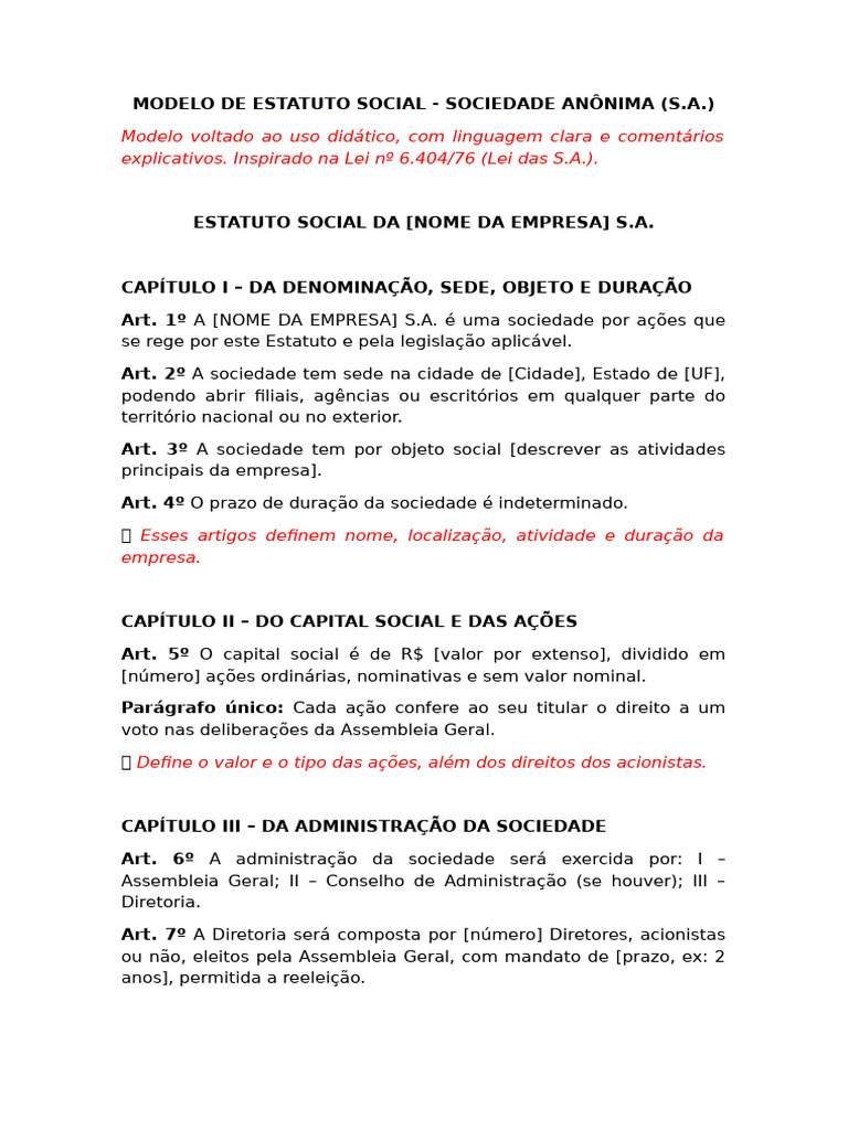 Modelo de Estatuto Social | PDF