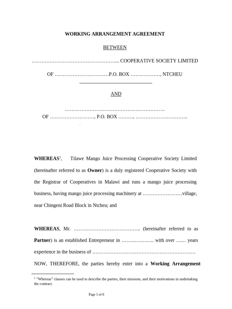 Working Arrangement Agreement Sample-Cooperative and A Partner-05-05 ...