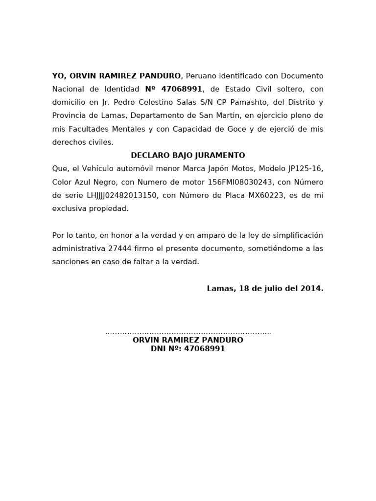 Declaracion Jurada Orvin | PDF