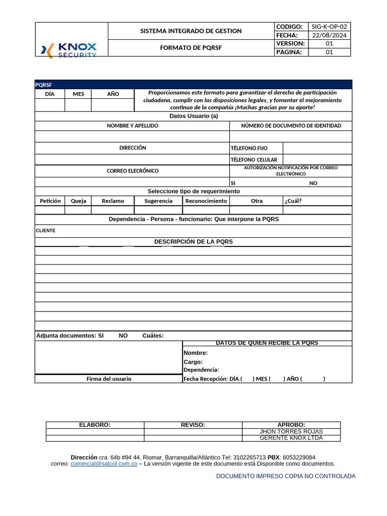 Formato de PQRSF - Sig - K - Op - 02 | PDF | Informática
