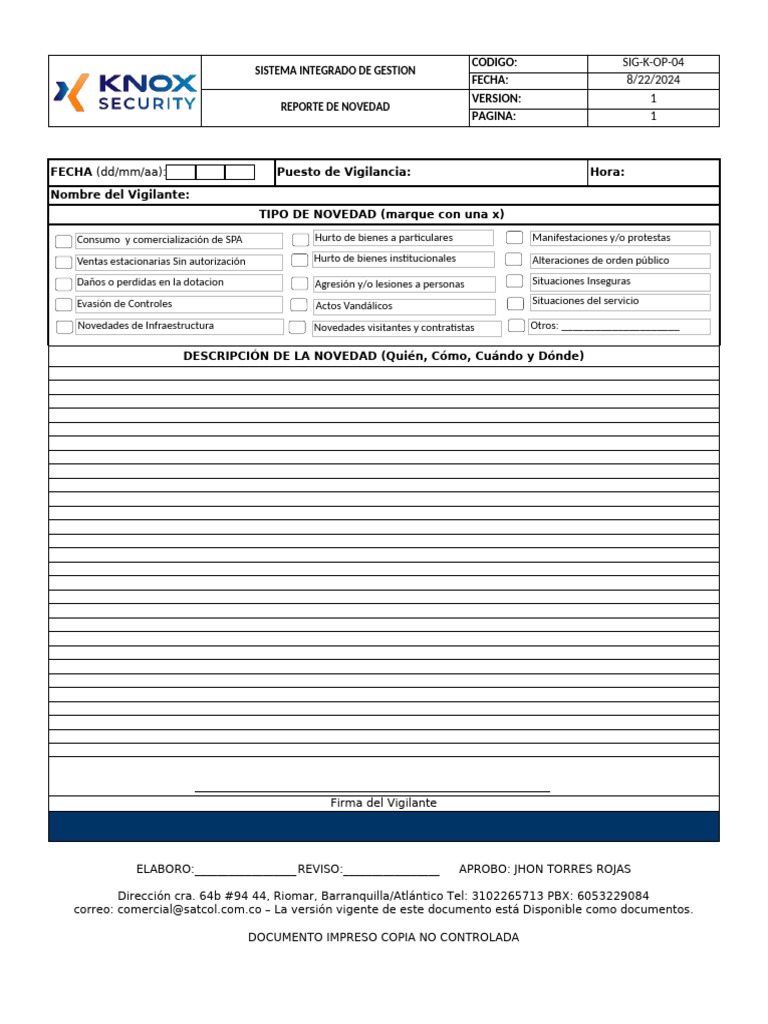 Reporte de Novedad Operativa - For K Op 04 | PDF
