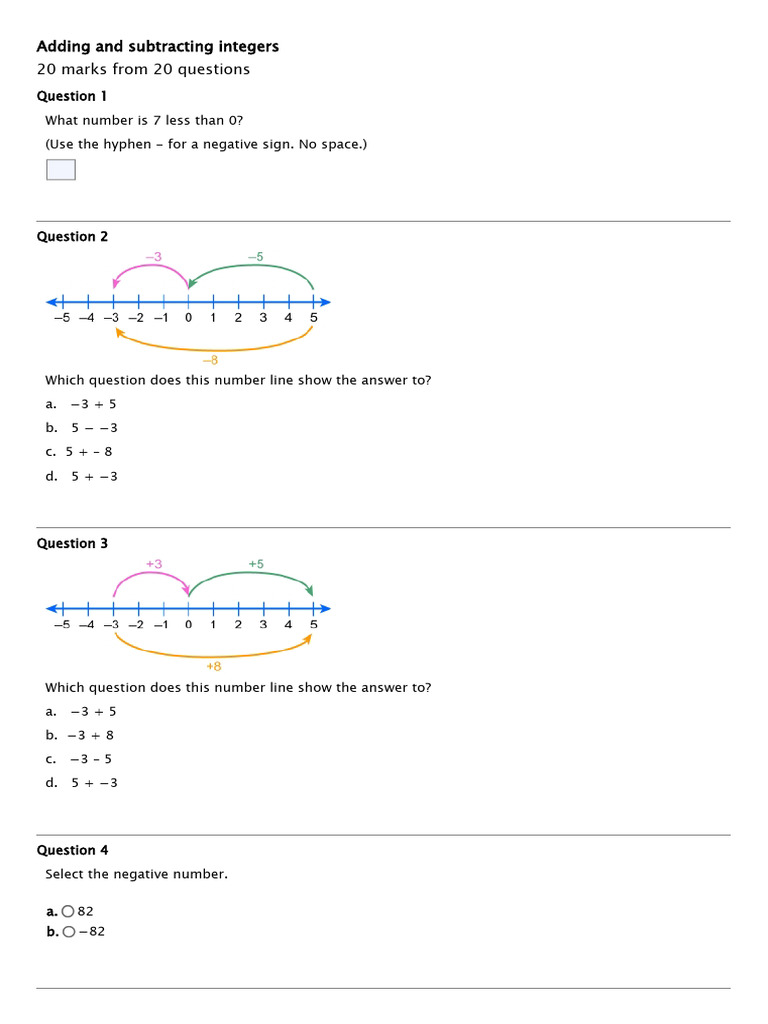 Adding and Subtracting Integers Quiz | PDF