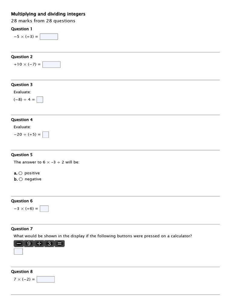 Multiplying and Dividing Integers | PDF