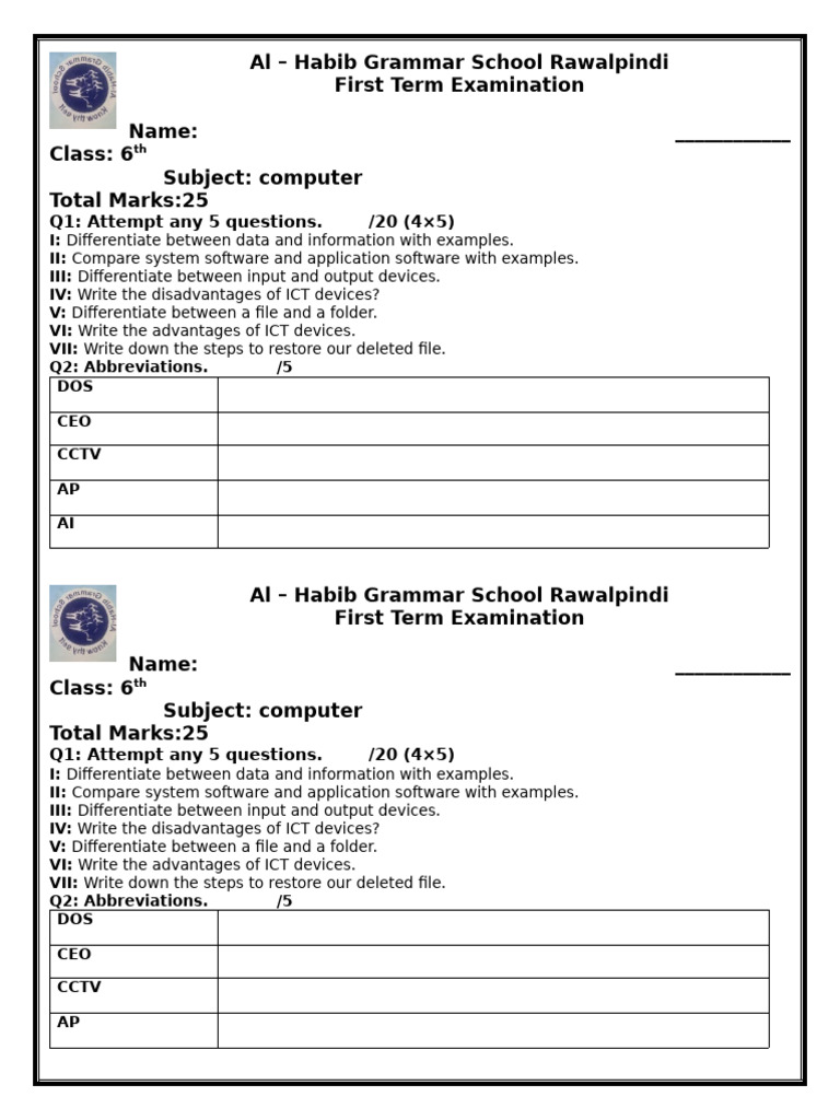 class 6th computer paper | PDF