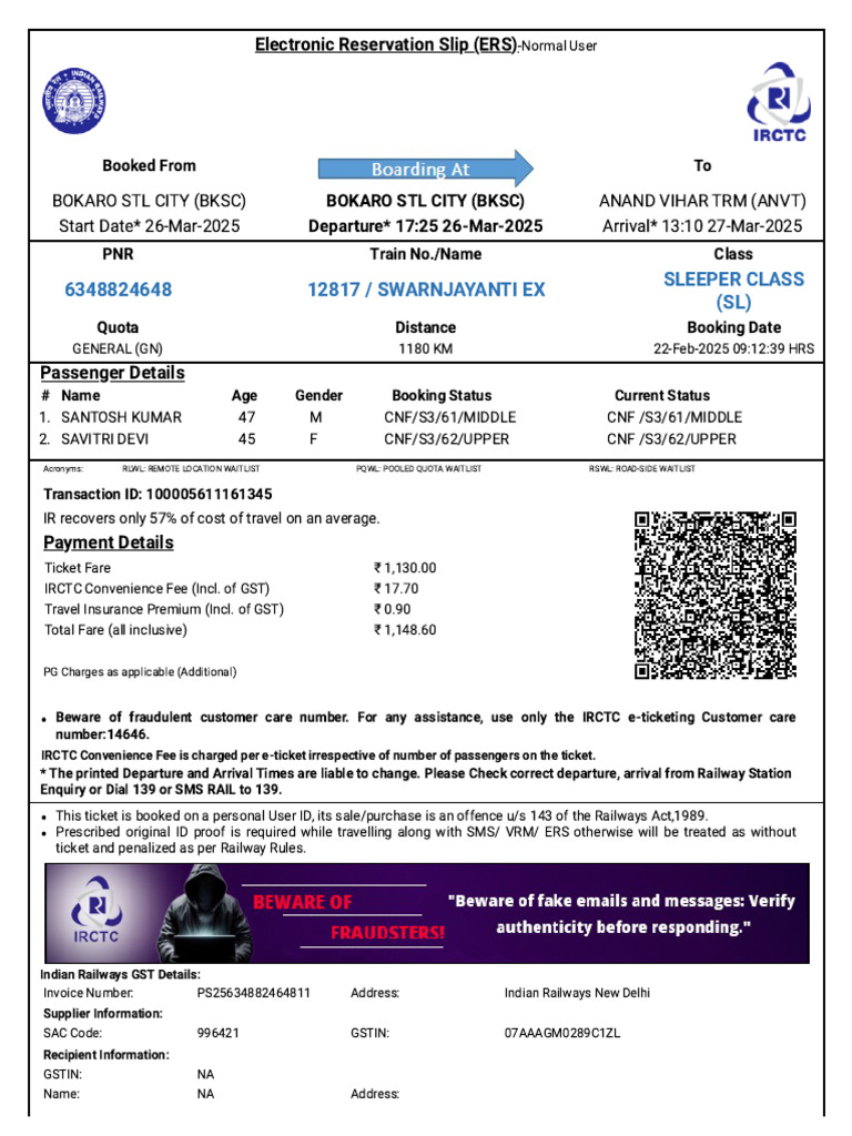 Swarnjayanti Ex Sleeper Class (SL) : Electronic Reservation Slip (ERS ...