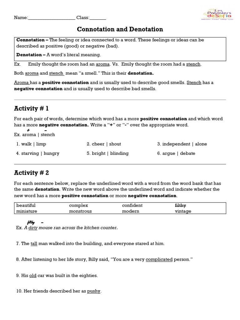 Connotation and Denotation Worksheet 2 | PDF | Odor | Linguistics
