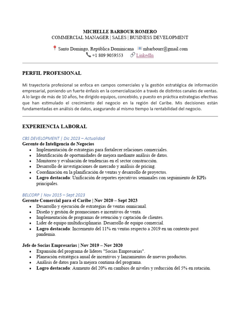 Michelle Barbour: Gerente Comercial en Caribe | PDF | Inteligencia de ...