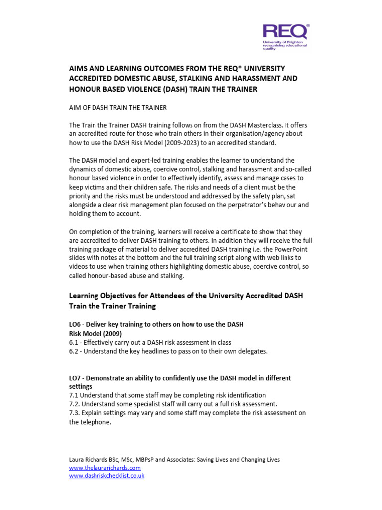 Learning Objectives for Attendees of the DASH TtT Training | PDF | Risk ...