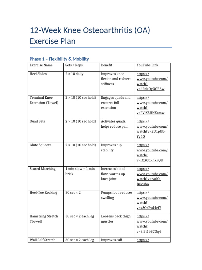 Knee OA Exercise Plan English Formatted | PDF | Knee | Anatomical Terms ...